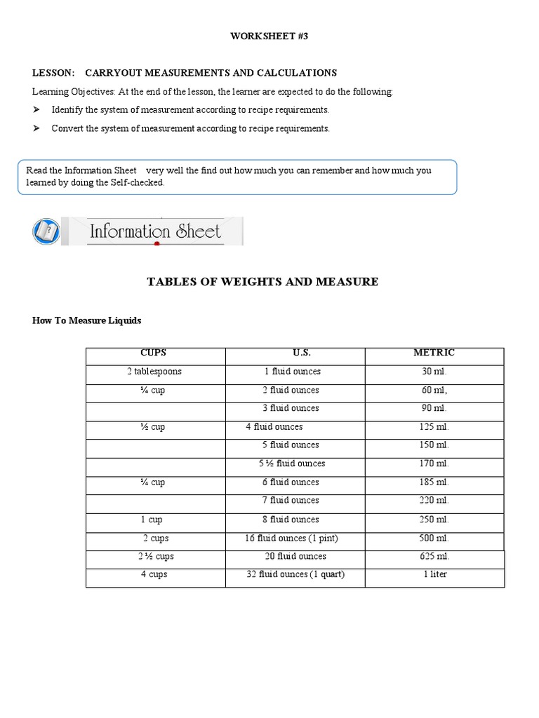 Worksheet#3 | PDF | Ounce | Teaspoon