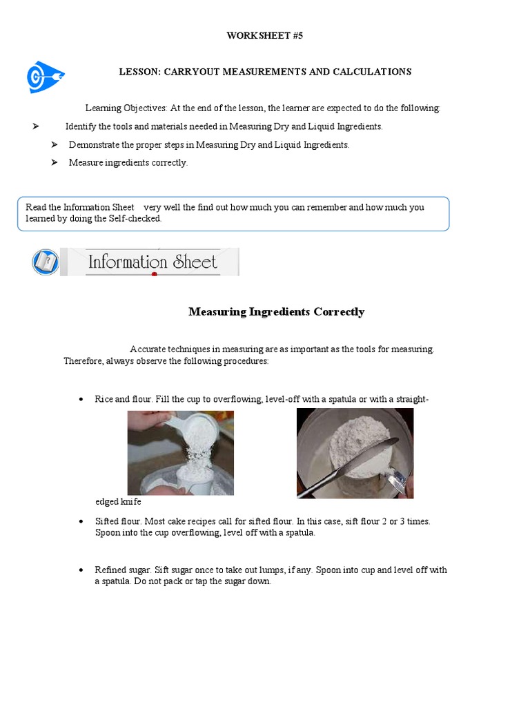 Measuring Ingredients Correctly: Worksheet #5 Lesson: Carryout ...