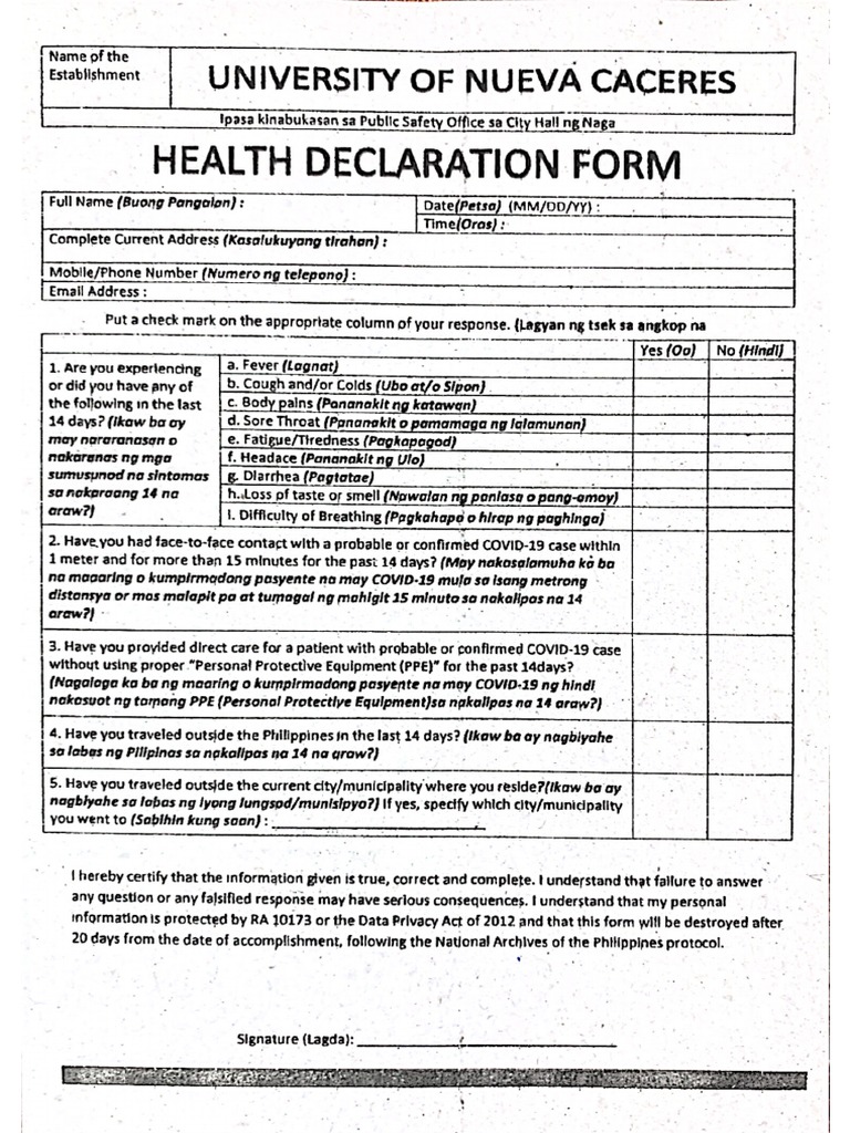 UNC Health Declaration Form | PDF