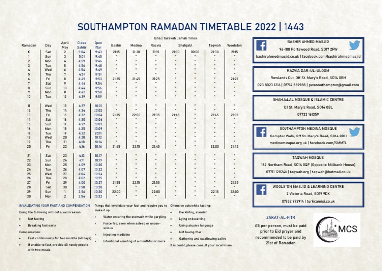 Southampton Ramadan Timetable 2022 - 1443: Close Open Sahūr Iftar | PDF ...