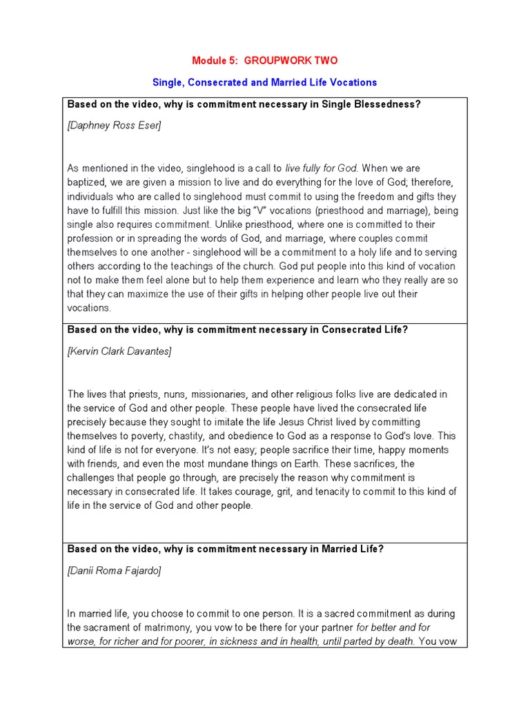 Groupwork Two - Single, Consecrated and Married Life Vocations | PDF ...