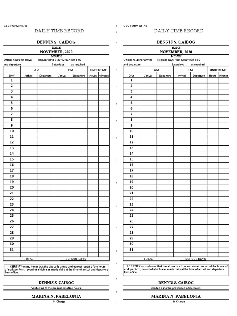 Employee Daily Time Records for Dennis S. Caibog of November 2020 and ...