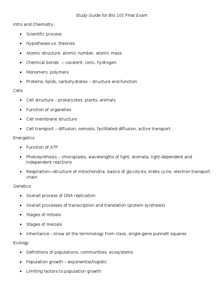 Study Guide for Bio 101 Final Exam | Cell (Biology) | Earth & Life Sciences Study Guide for Bio 101 Final Exam | Cell (Biology) | Earth & Life Sciences