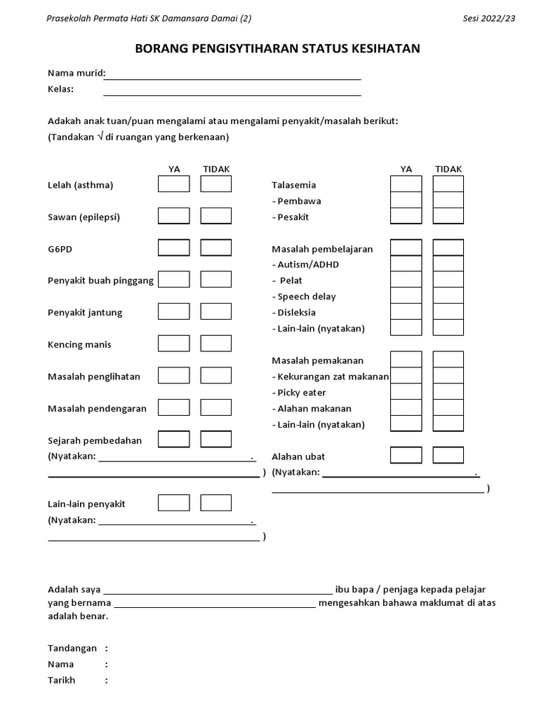 Borang Pengisytiharan Status Kesihatan | PDF