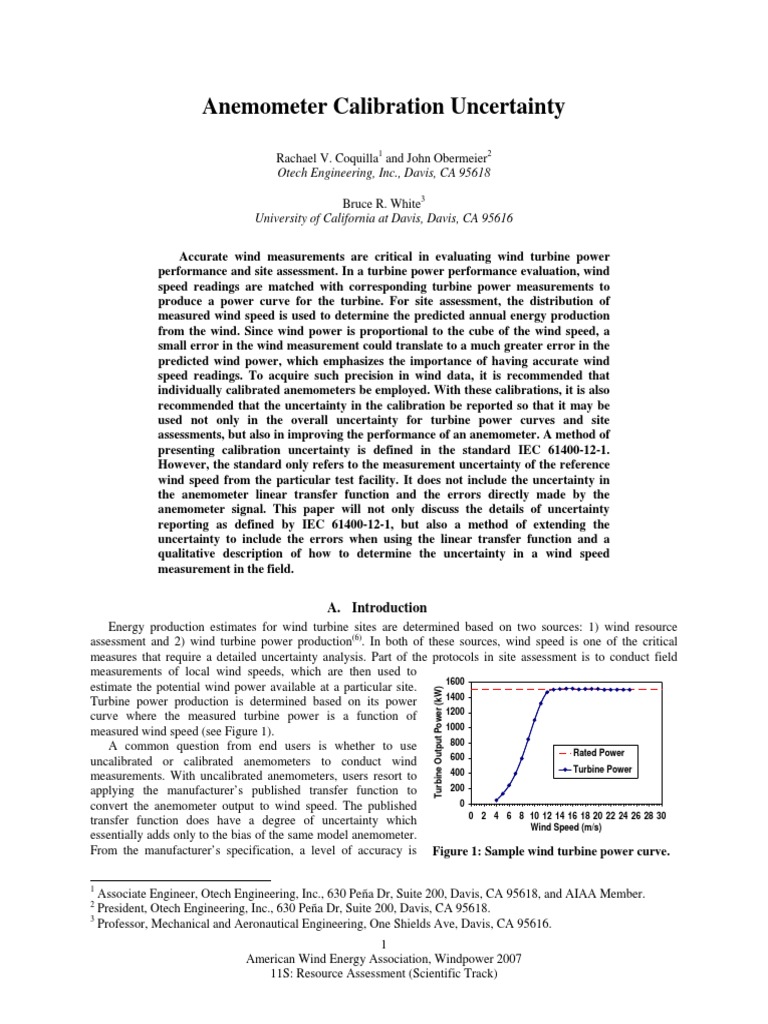 Anemometer Calibration Uncertainty: Otech Engineering, Inc., Davis, CA 95618 | PDF | Errors And ...