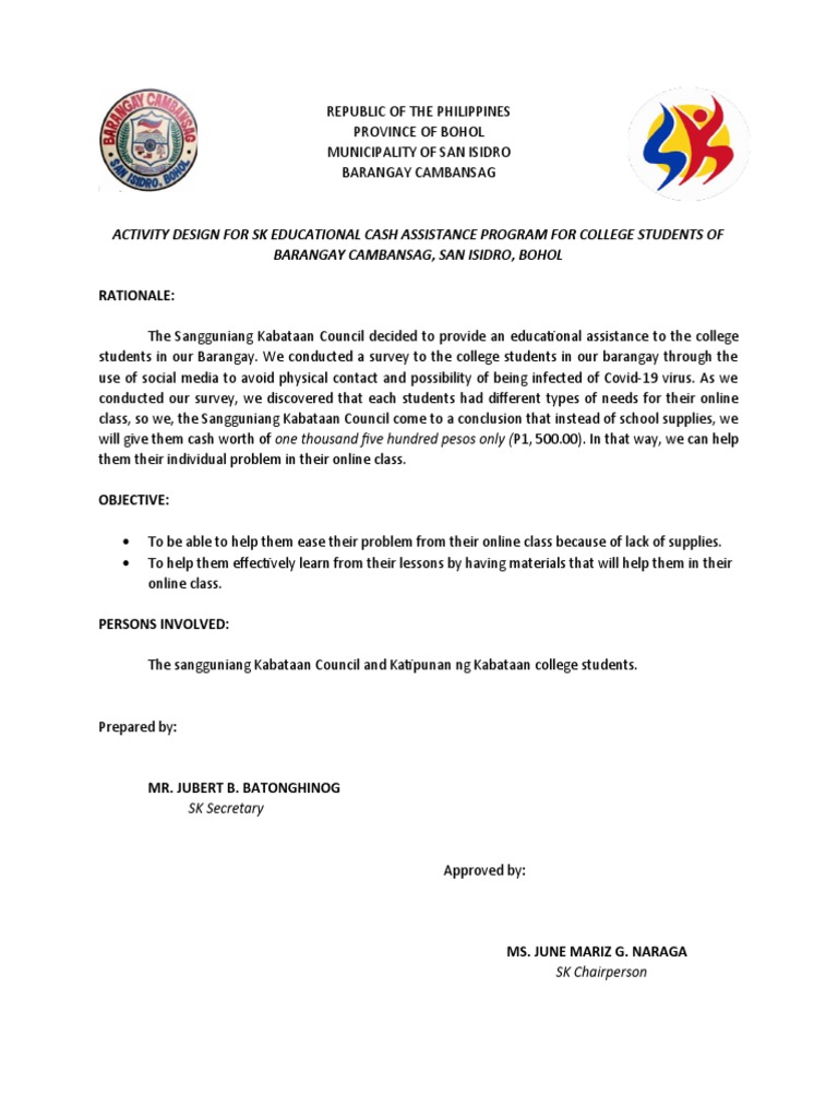 Activity Design For SK Educational Cash Assistance Program For College ...