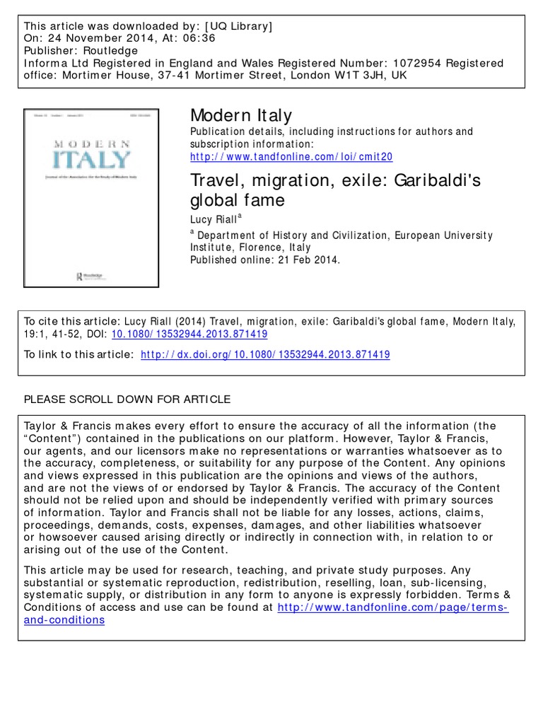 RIALL, Lucy, Travel, Migration, Exile. Garibaldi's Global Fame | PDF ...