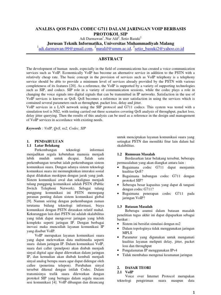Analisa QoS Pada Codec G711 Dalam Jaringan VoIP Berbasis Protokol SIP | PDF