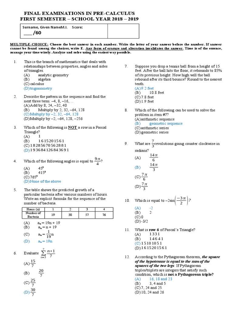 2019feqtr2 g11 Stem Precal | PDF | Mathematical Analysis | Mathematical Concepts