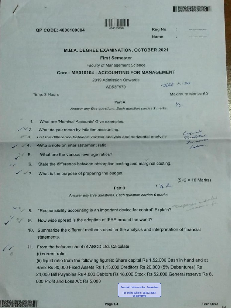 Accounting For Management SCMS Question Papers | PDF