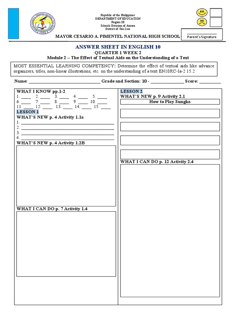 Answer Sheet in English 10: Mayor Cesario A. Pimentel National High ...