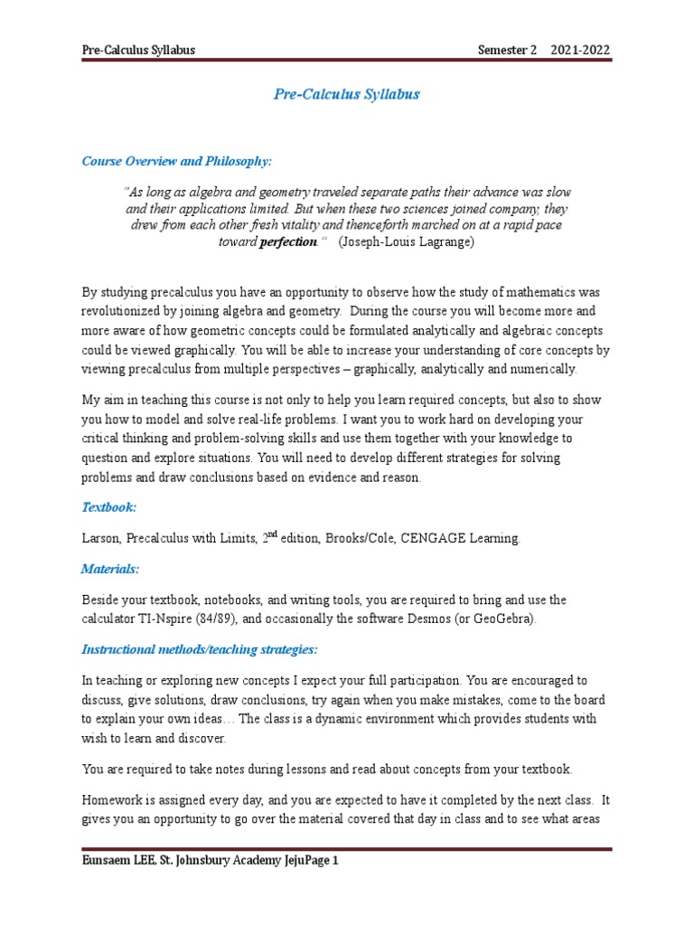 Pre-Calculus Syllabus: Course Overview and Philosophy | PDF | Function ...
