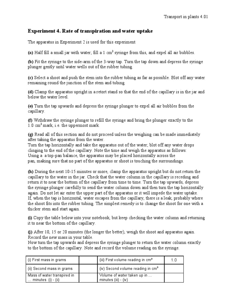 Experiment 4. Rate of Transpiration and Water Uptake | PDF | Syringe ...