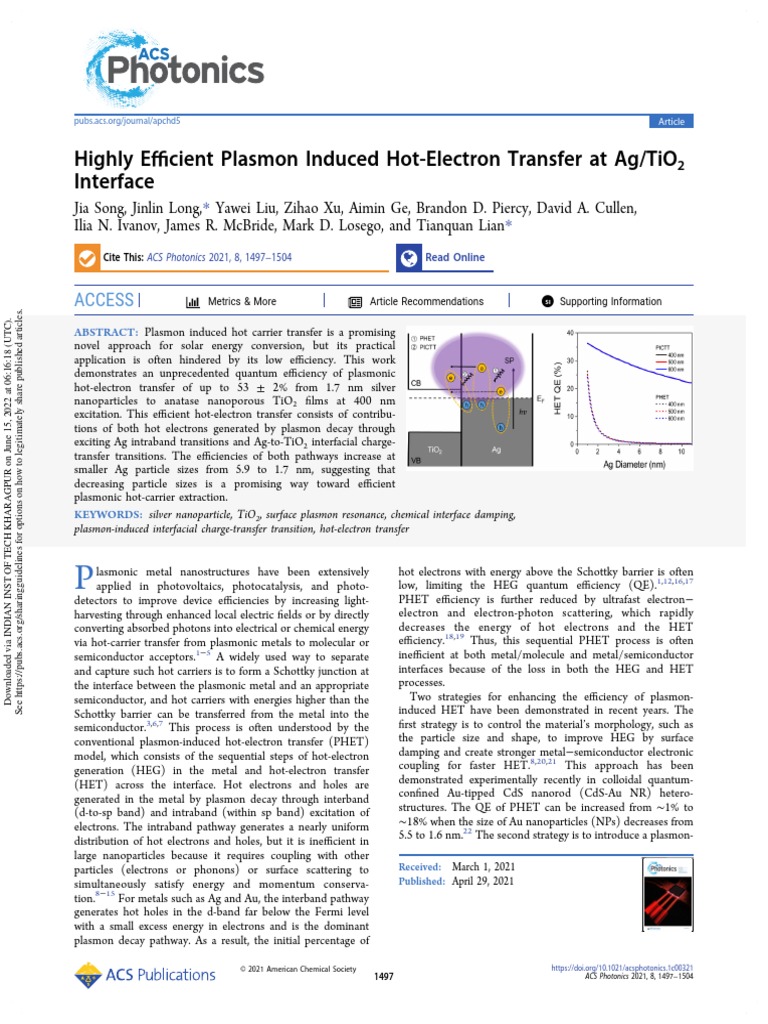 QQ Highly Efficient Plasmon Induced Hot-Electron Transfer | PDF | Plasmon | Electron