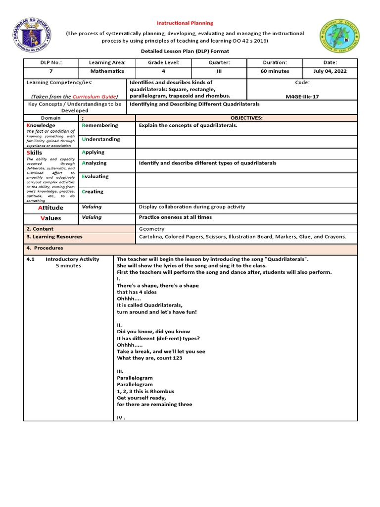 DLP - Mathematics 4 Define Quadrilaterals | PDF | Rectangle | Cognition