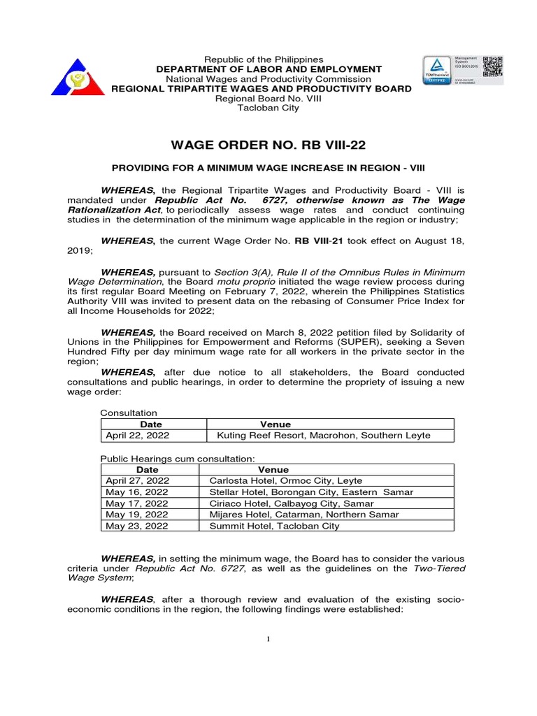 Wage Order No. RB Viii-22: Department of Labor and Employment Regional ...