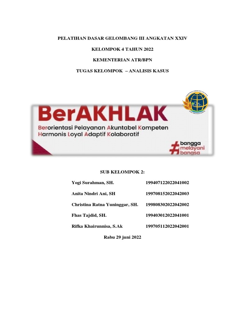 Tugas Sub Kelompok 2 G3A24K4 - Nilai-Nilai Dasar BerAKHLAK - Analisis Kasus | PDF