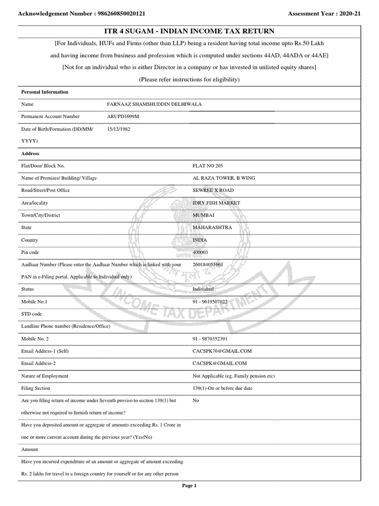 Itr 4 Sugam - Indian Income Tax Return: Acknowledgement Number ...