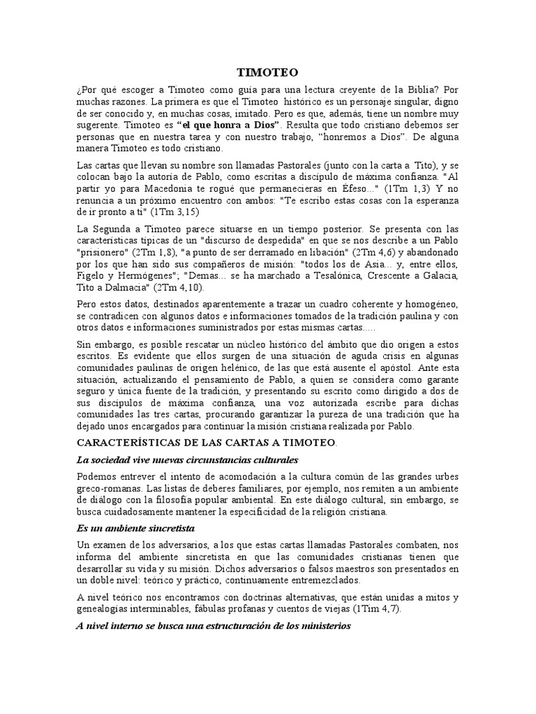 Análisis de las Cartas a Timoteo: Características, contexto histórico y ...