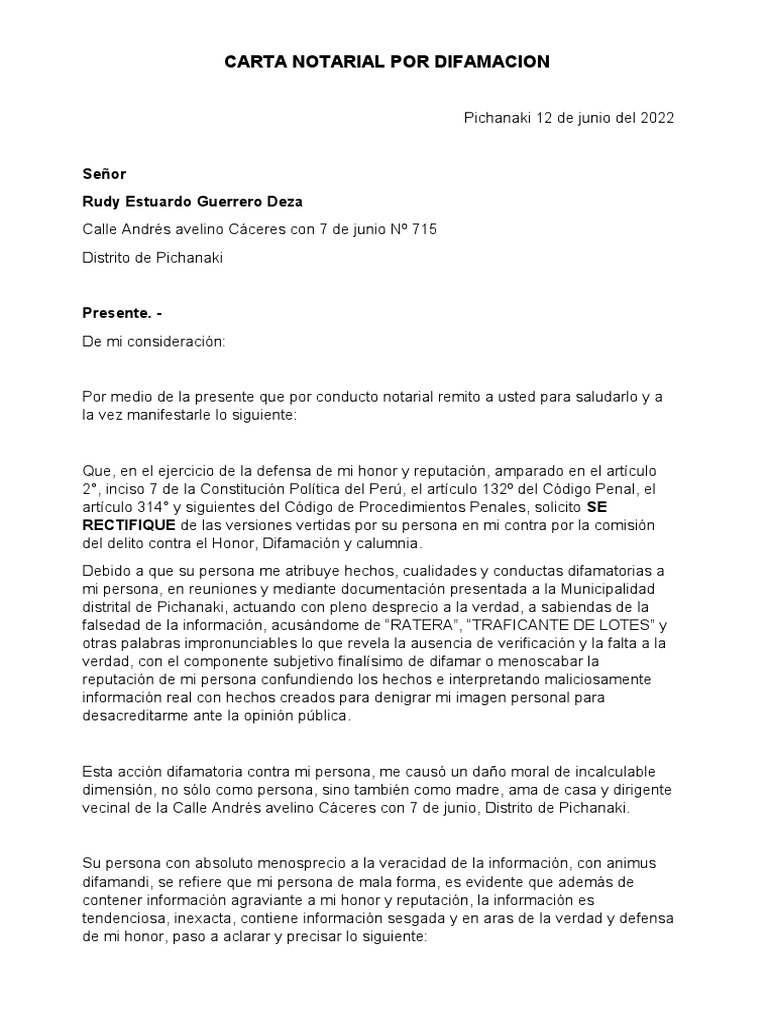 Carta Notarial Por Difamacion | PDF | Etica Aplicada | Ciencias Políticas