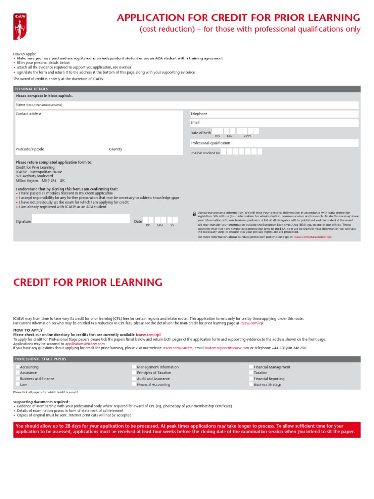 Credit For Prior Learning Cost Reduction Professional Qualifications Application Form | PDF ...