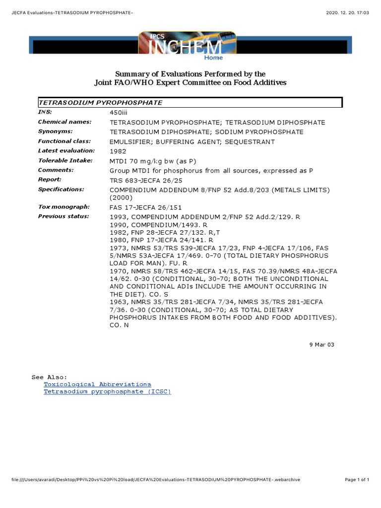 JECFA Evaluation of Tetrasodium Pyrophosphate | PDF | Sodium | Chemical ...