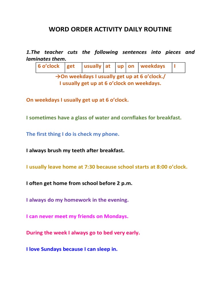 Word Order Activity Daily Routine: 1.the Teacher Cuts The Following ...