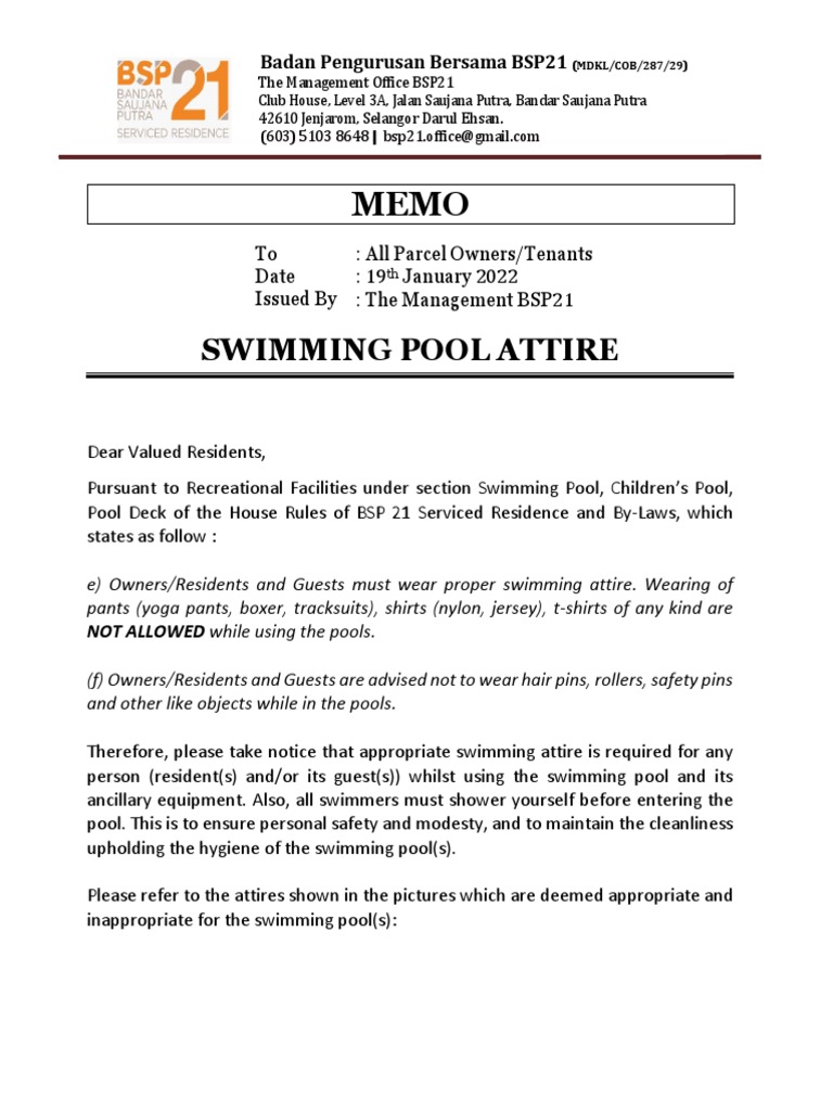 Swimming Pool Attire: Badan Pengurusan Bersama BSP21 | PDF