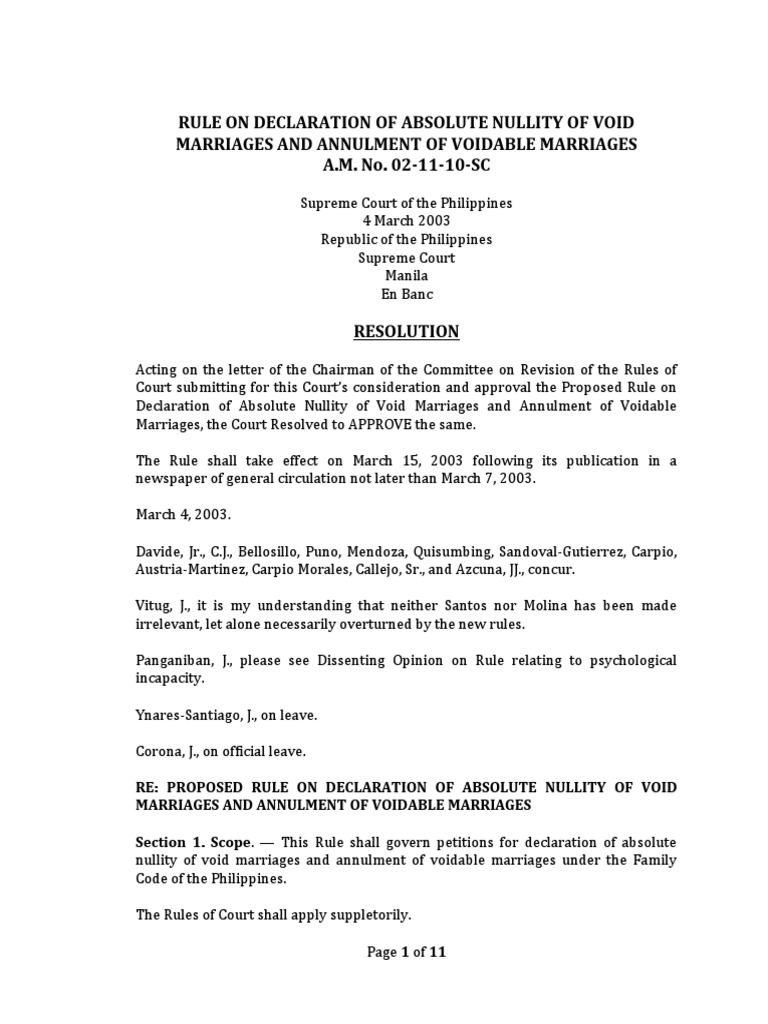 Rule On Declaration of Absolute Nullity of Void Marriages and Annulment of Voidable Marriages ...