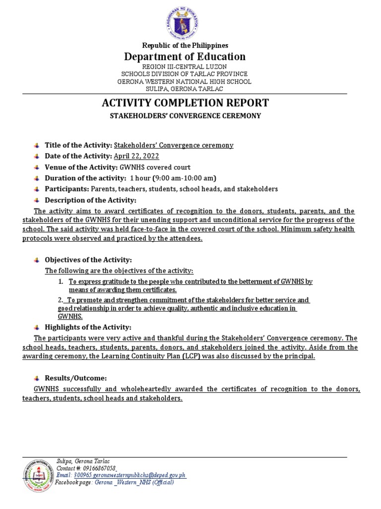 ACTIVITY COMPLETION REPORT (Stakeholders' Convergence Ceremony) | PDF