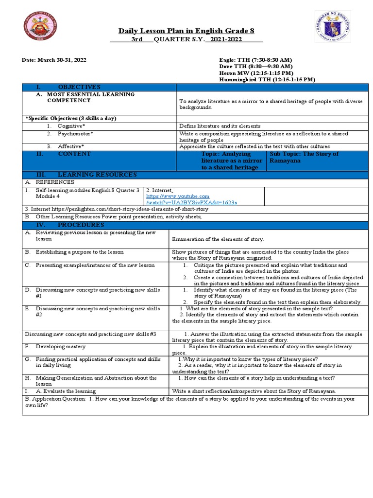Daily Lesson Plan in English Grade 8 (Quarter 3-Module 4) (Continuation ...