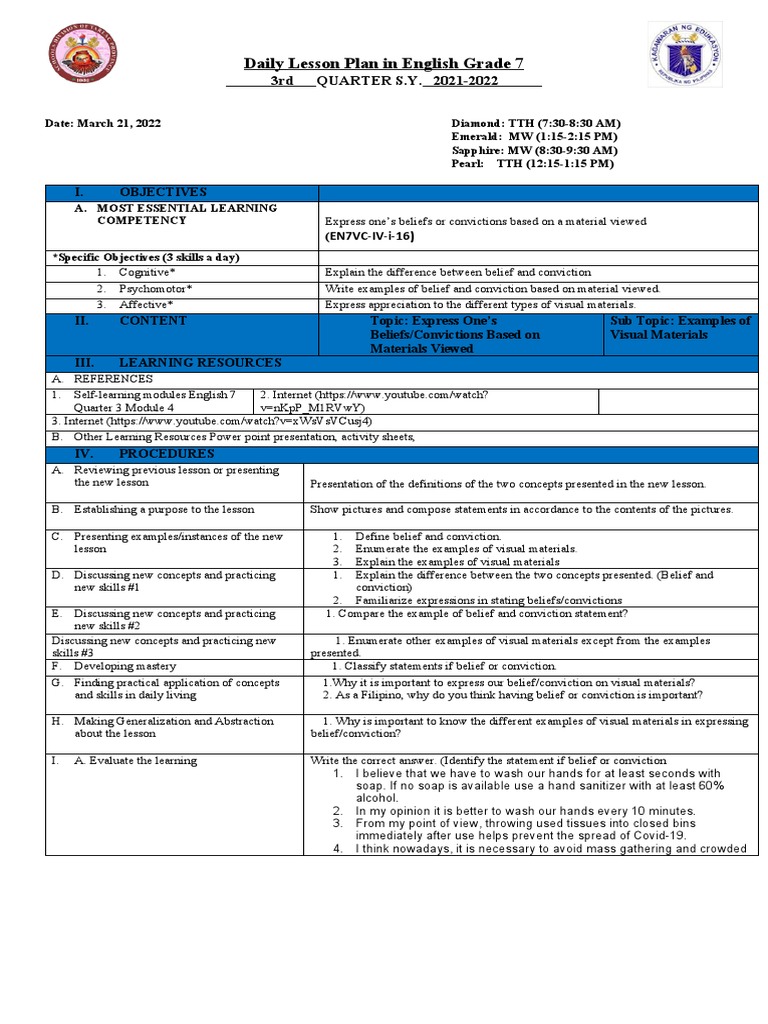 Daily Lesson Plan in English Grade 7: 3rd QUARTER S.Y. 2021-2022 | PDF ...