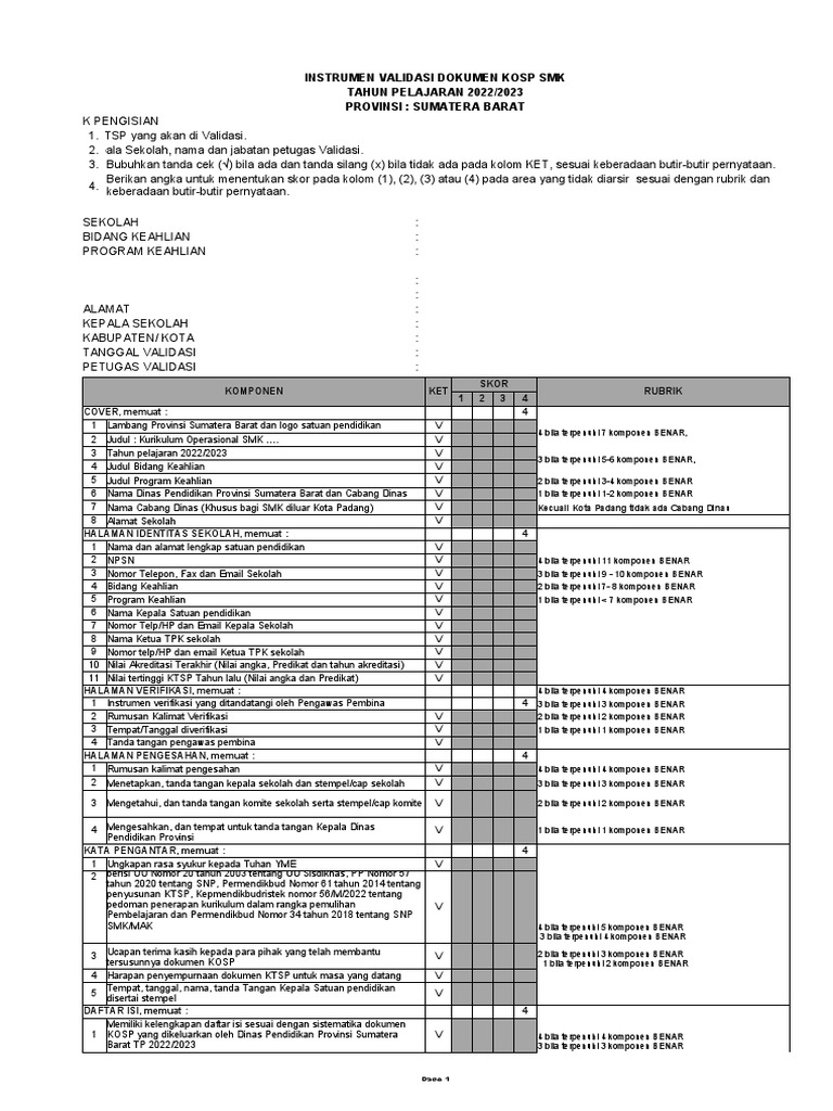 Instrumen Validasi KOSP | PDF