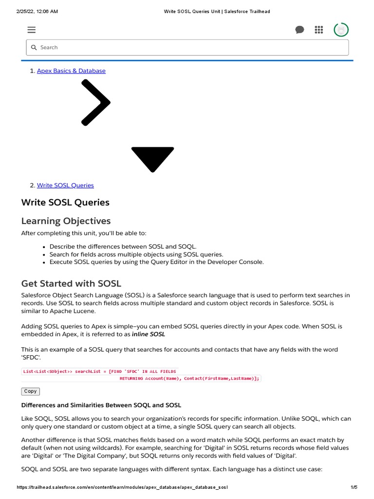 Write SOSL Queries Unit - Salesforce Trailhead | PDF | Bracket | Computing