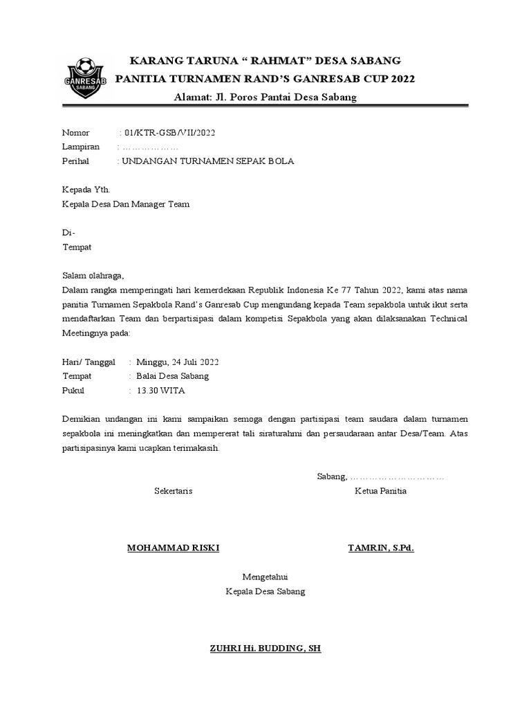 Surat Undangan Turnamen | PDF