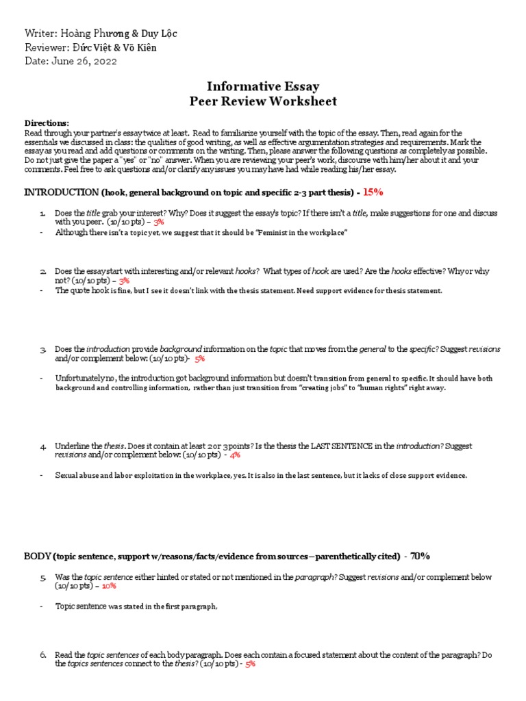 Informative Essay - Peer Review Worksheet | PDF | Essays | Thesis