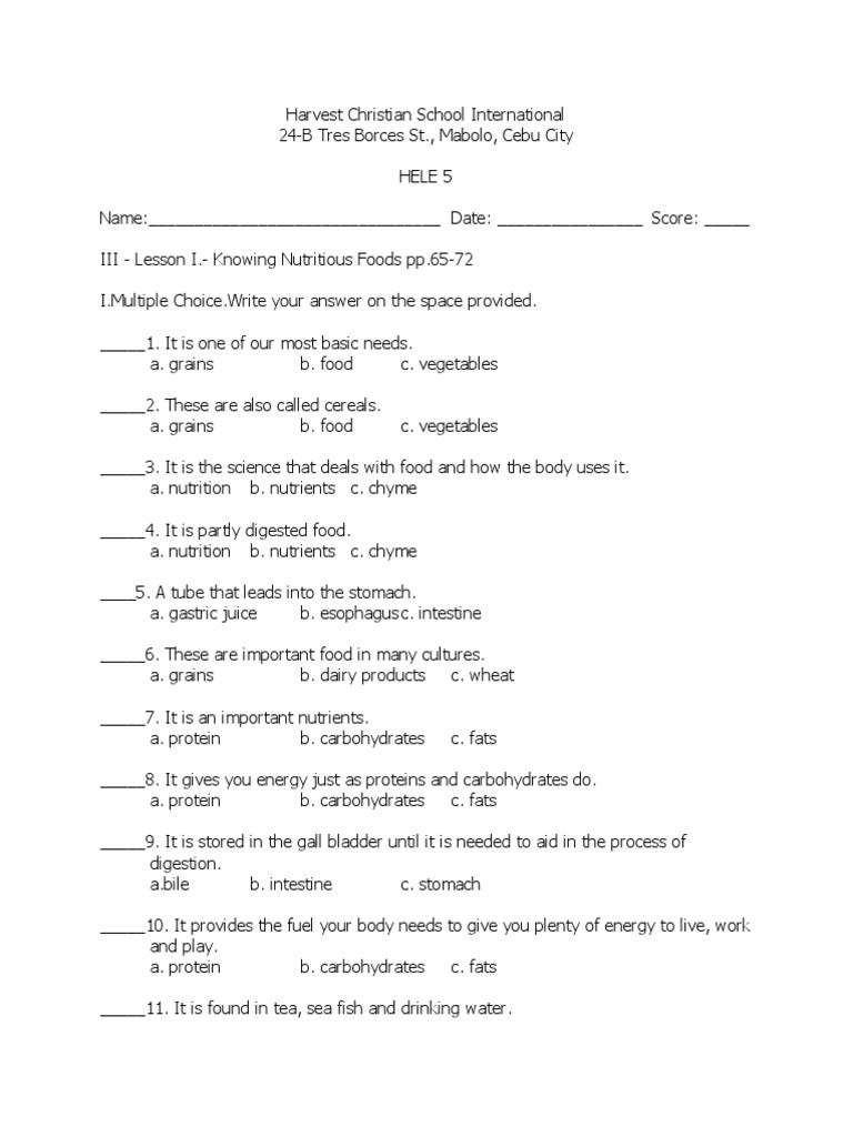 HELE 5 - Unit III - Lesson 1-4 | PDF | Vitamin | Foods