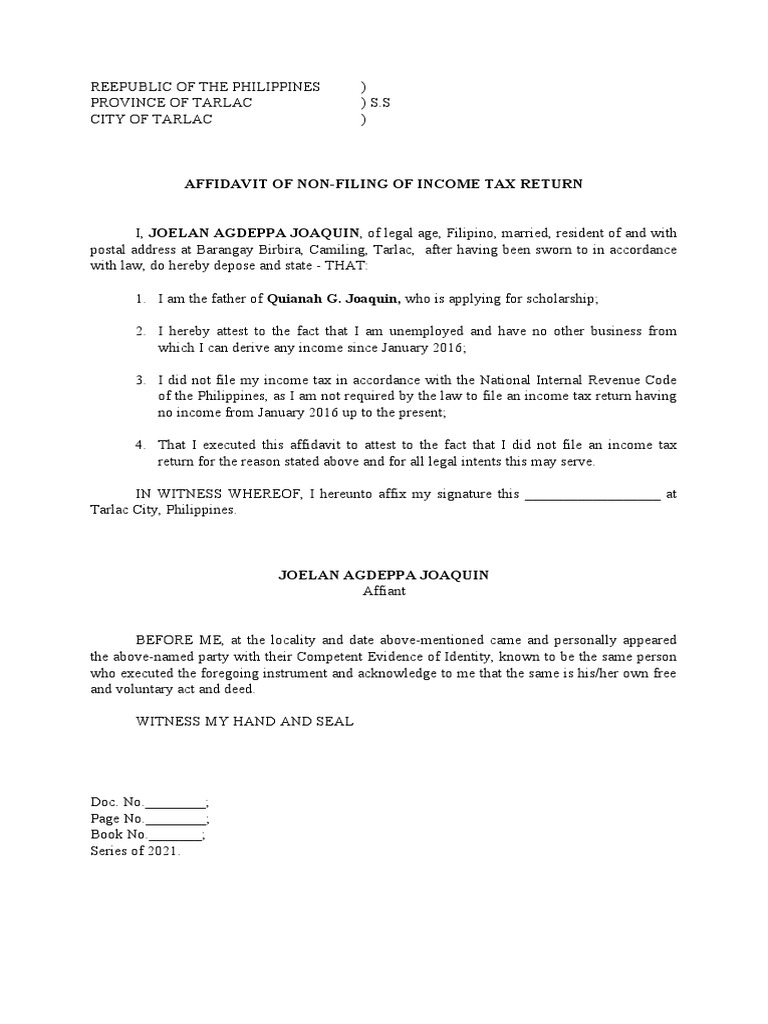 Affidavit of No Income For Scholarship | PDF