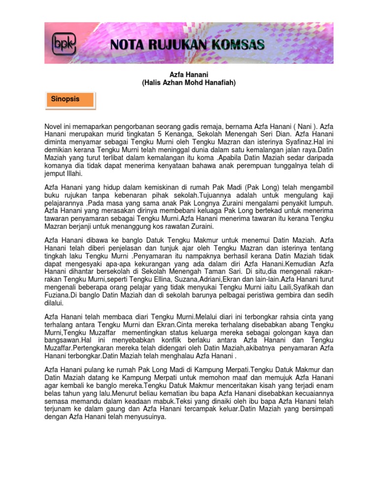 Nota Rujukan Novel Azfa Hanani | PDF