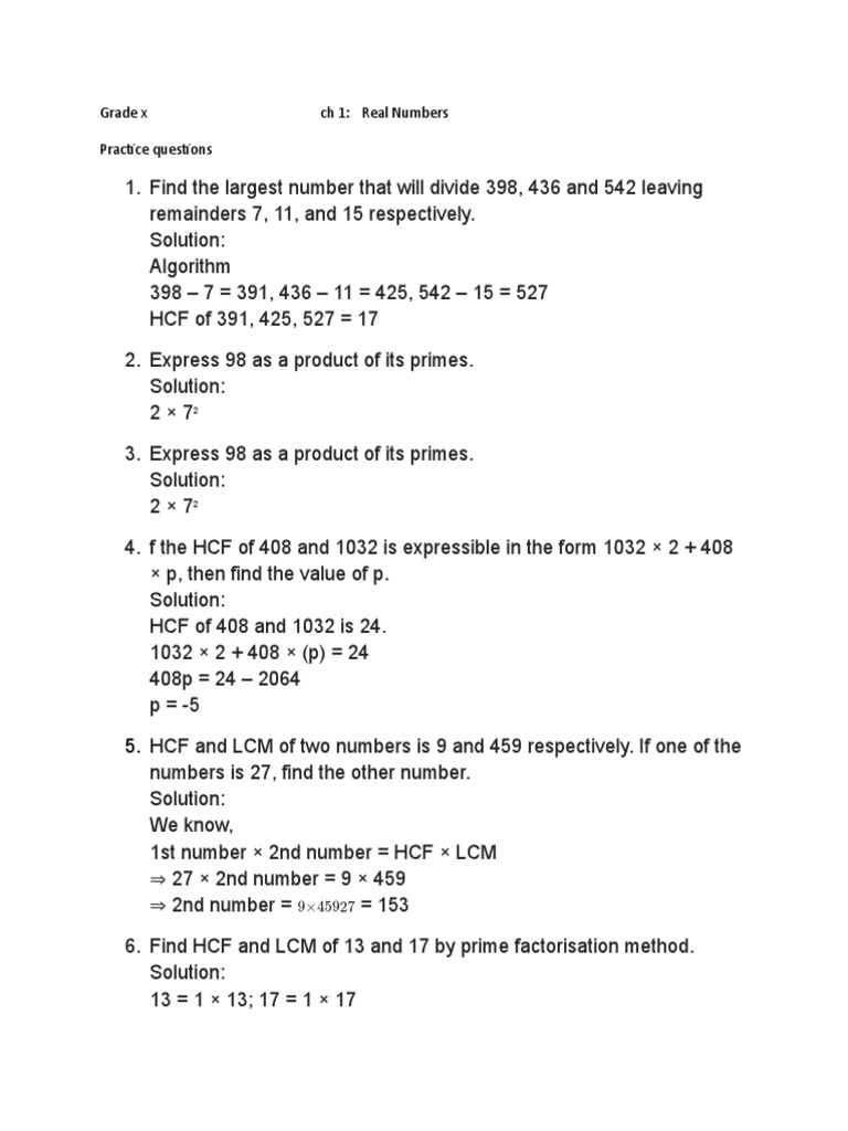 Grade X CH 1: Real Numbers Practice Questions | Download Free PDF ...