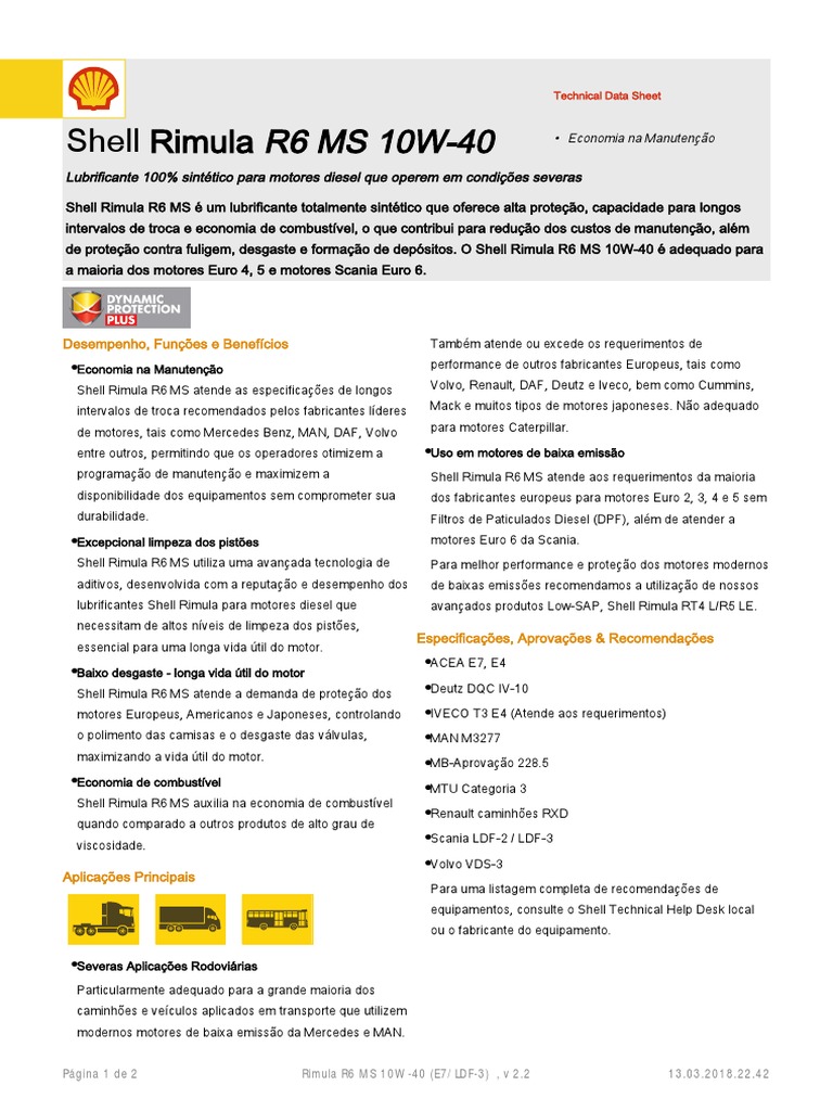 Ficha - Técnica - Shell Rimula R6 MS 10W-40 | PDF | Motores