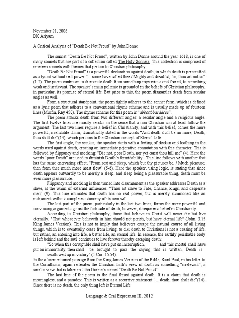 A Critical Analysis of "Death Be Not Proud" by John Donne | PDF | Poetry