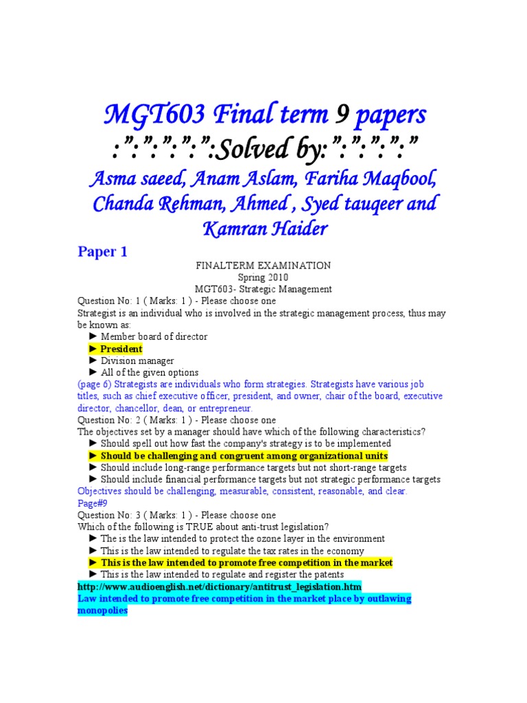Mgt603 Final Term 9 Papers | PDF | Strategic Management ...