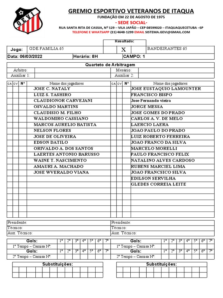 Modelo Sumula de Jogo Futebol | PDF | Futebol | Esportes