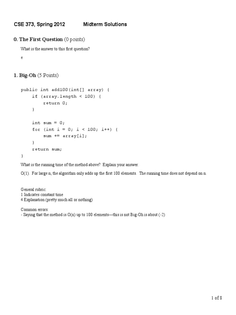 The First Question (0 Points) : CSE 373, Spring 2012 Midterm Solutions | Download Free PDF ...