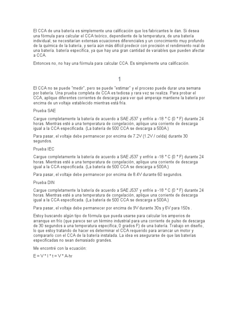 CCA en Baterías: Definición y Pruebas | PDF