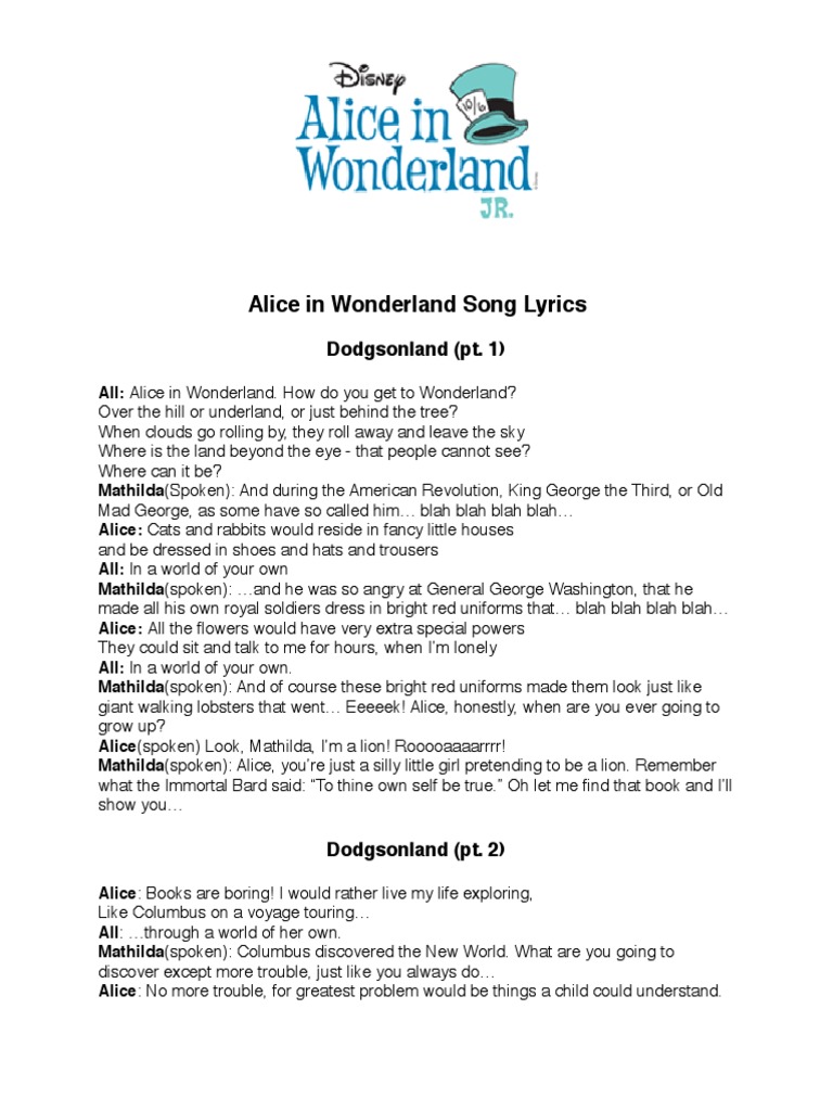 Alice in Wonderland Jr. Song Lyrics | PDF | Lewis Carroll | English ...
