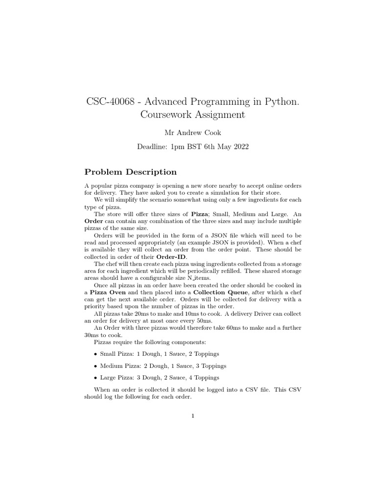 Csc 40068 Advanced Programming In Python Coursework Assignment Pdf Pizza Computer File