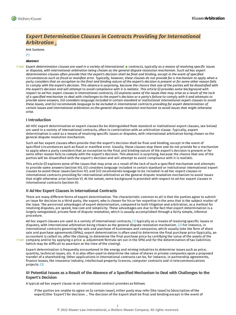 Expert Determination Clauses in Contracts Providing For International ...