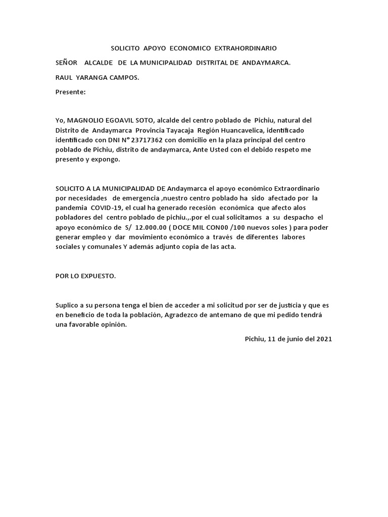 SOLICITO APOYO ECONOMICO EXTRAHORDINARIO Alcalde | PDF | Ciencias sociales